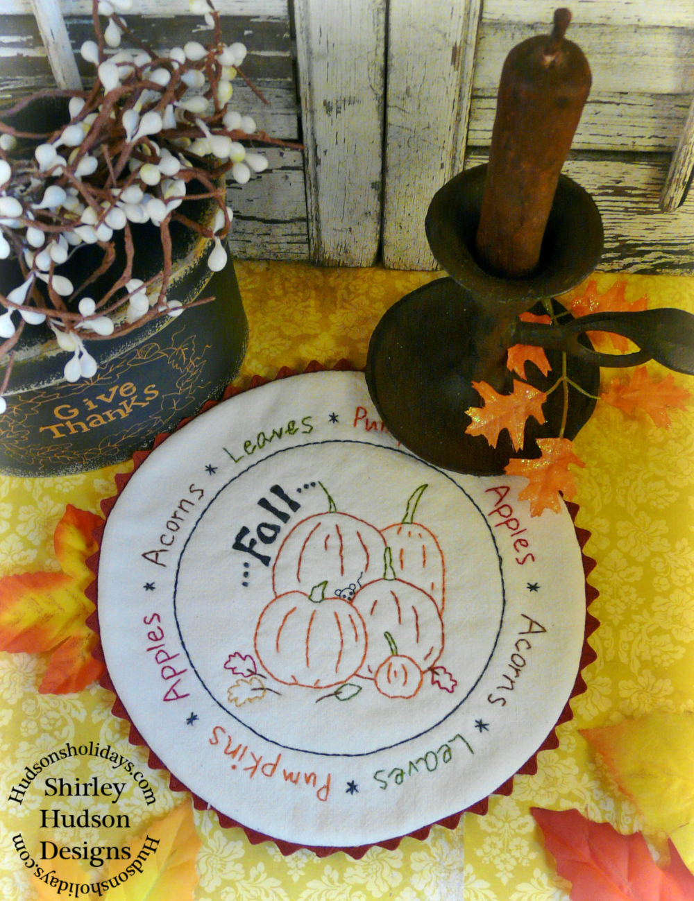 Fall's bounty candle mat embroidery pattern, #341 | Shirley Hudson Designs